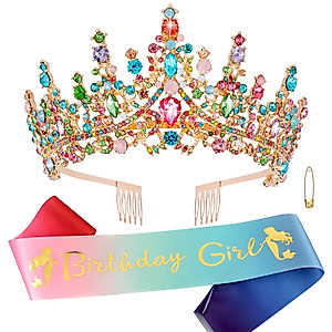 ATODEN Birthday Girl Sash Tiara Queen Crown Tiaras and Crowns for Women Girls Multicolor Crystal Princess Tiara Rhinestone Headbands Quinceanera Crown Happy Birthday Decorations Accessories for Wedding Bride Bridal Cosplay Prom Halloween Party Supplies