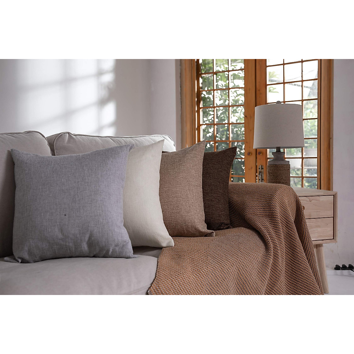 Elara Star Set of 2 Linen Throw Pillow Cases Solid Square Decorative Pillow Covers 18x18 Inch for Couch Sofa Bed Chair,Natural Linen