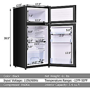 KOTEK Mini Fridge with Freezer, 3.4 Cu.Ft Mini Refrigerator/Freezer Cooler w/ 7 Settings Temperature Adjustable, Compact Refrigerator with 2 Doors for Bedroom/Dorm/Apartment/Office (Black)