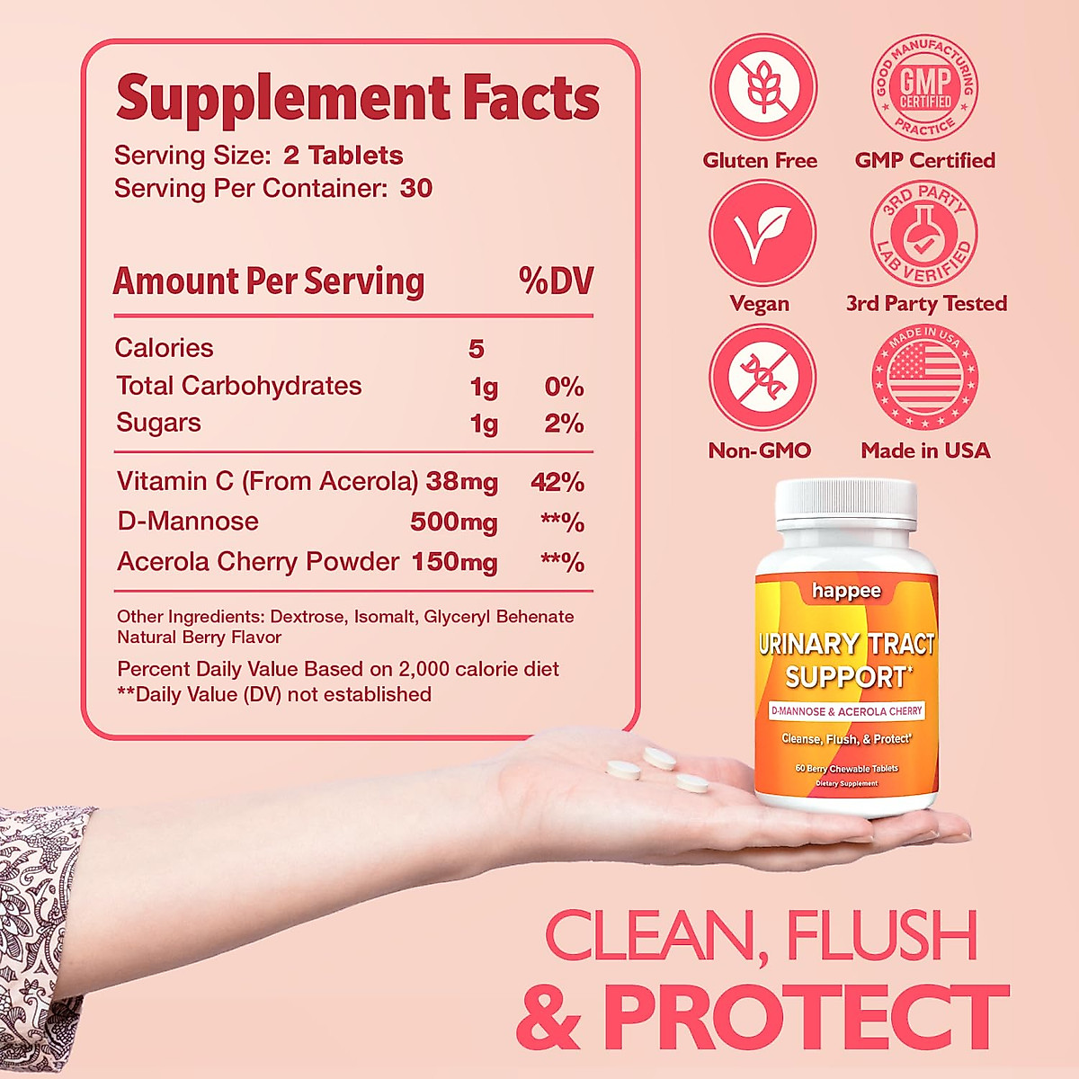 Happee Urinary Tract Health Supplement for Women & Men – Fast-Acting UTI Relief and Prevention, 500mg D-Mannose & Antioxidants, Supports Kidney and Bladder Health, Berry Flavor, 60 Chewables