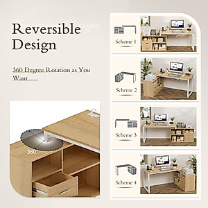 Homall L Shaped Desk with Drawers&Shelves, 55'' Corner Computer Desk with Power Outlets, Reversible PC Table with Storage File Cabinet for Home Office Studying Writing Gaming Workstation (Light Oak)