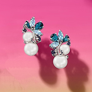 Ross-Simons 6-8.5mm Cultured Pearl and 2.00 ct. t.w. Sky Blue Topaz and London Blue Topaz Earrings With .10 ct. t.w. Sapphires in Sterling Silver