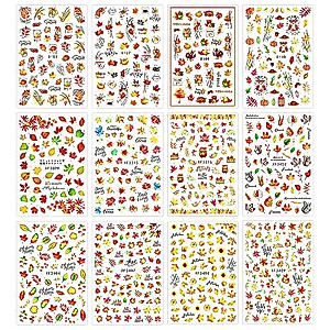JMEOWIO 12 Sheets Fall Autumn Nail Art Stickers Decals Self-Adhesive Pegatinas Uñas Pumpkin Maple Leaf Thanksgiving Nail Supplies Nail Art Design Decoration Accessories