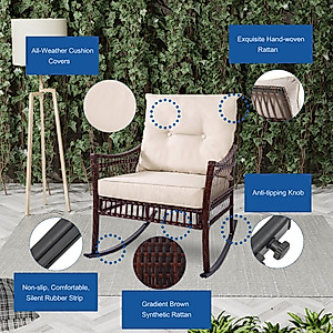 CIRMUBUY 3 Pieces Patio Furniture Set, Outdoor Rocking Chairs Set of 2, Wicker Cushioned Patio Rocker with Side Table for Porch, Garden, Poolside & Deck, Beige