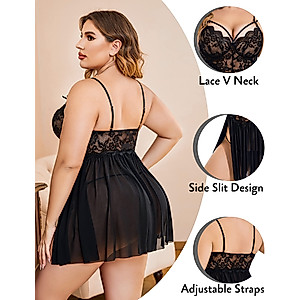 Avidlove Womens Plus Size Lingerie Lace Babydoll Strap Chemise Nightwear V Neck Sleepwear Side Slit Nighties Black