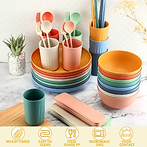 56 Pieces Wheat Straw Dinnerware Set Unbreakable Plastic Plate and Bowl Dishes for Kids Travel Picnic Camping Dishes Colorful Dinner Plates Dishwasher Microwave Safe Reusable Lightweight Tableware
