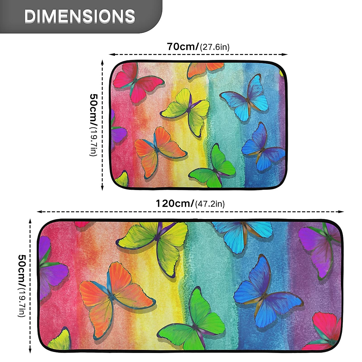 Kitchen Rugs and Mats 2 Pieces Rainbow Butterflies Anti Fatigue Kitchen Rug Set Non Slip Bath Mat Entry Floor Carpet Entrance Door Mat Runner 20"x28"+20"x47" 20"x28"+20"x47"