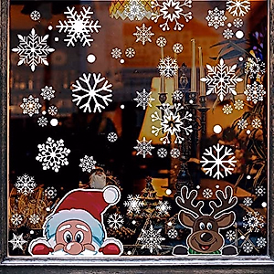 300 PCS 8 Sheet Christmas Snowflake Window Cling Stickers for Glass, Xmas Decals Decorations Holiday Snowflake Santa Claus Reindeer Decals for Party
