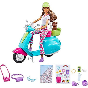 Barbie Fashionistas Doll and Scooter, Travel Playset with Stickers, Pet Puppy and Themed Accessories like Map and Camera (Amazon Exclusive)