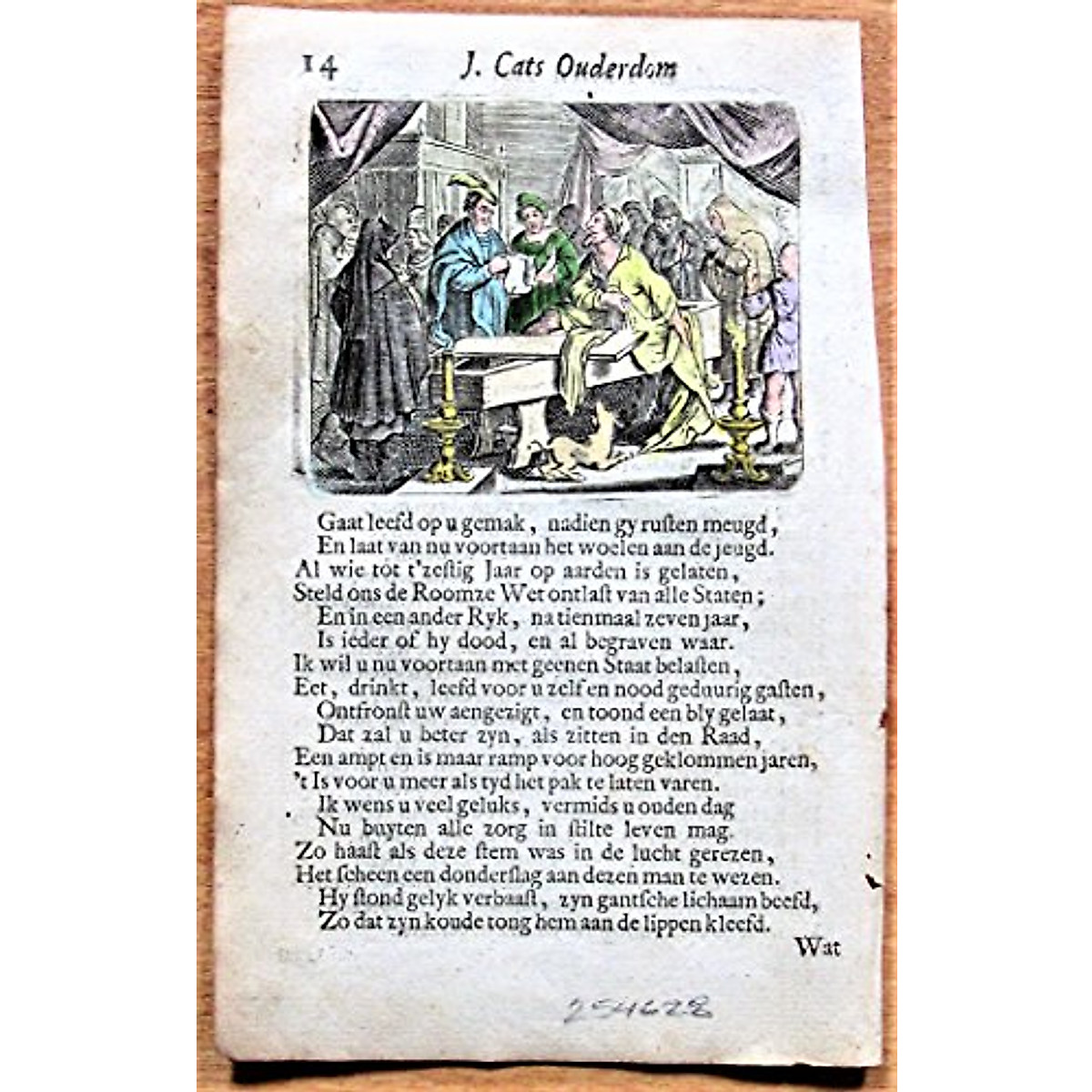 Antique Copperplate Miniature Engraving: BL14 from Ouderdom, Buyten Leven, en Hof Gedachten