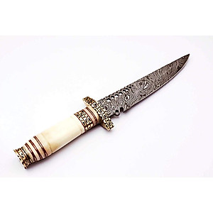 Handmade Damascus Steel Knife - Damascus Steel 14” Inches Knife - Hunting Knife - Camel Bone Brass Spicer Handle – Outdoor Camping Survival Knife - Beautiful Knife - Camel Bone Brass