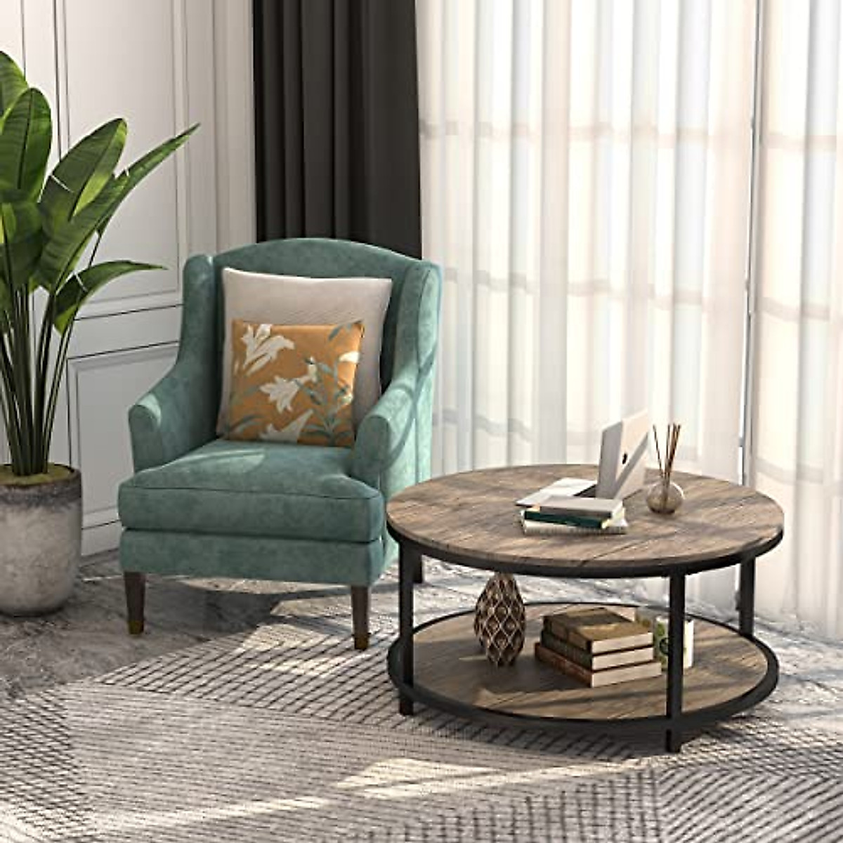 WiberWi Round Coffee Table 35.8" Rustic Vintage Industrial Design Furniture Sturdy Metal Frame Legs Sofa Table Cocktail Table with Storage Open Shelf for Living Room, Easy Assembly, Gray Brown1