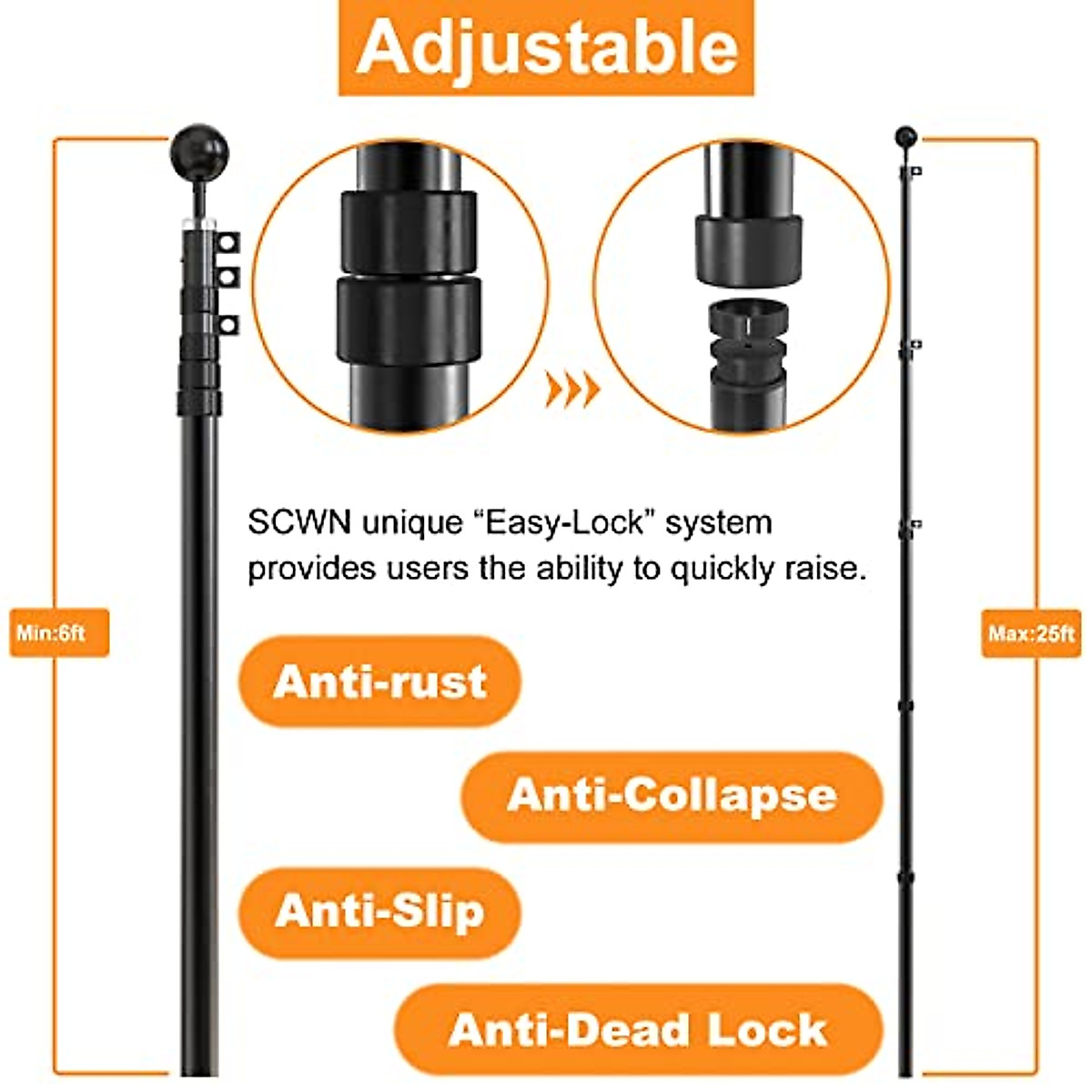 SCWN Flag Pole for Outside in Ground-25FT Telescoping Extra Thick Heavy Duty FlagPole for Yard,with 3x5 American Flag,Telescopic Adjustable Outdoor Flag Poles,for Commercial or Residential(Black)