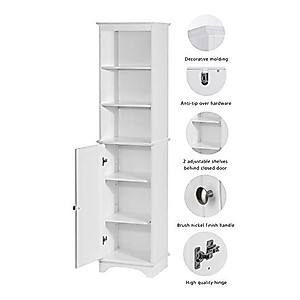 Spirich Home Freestanding Storage Cabinet with Three Tier Shelves, Tall Slim Cabinet, Free Standing Linen Tower, White