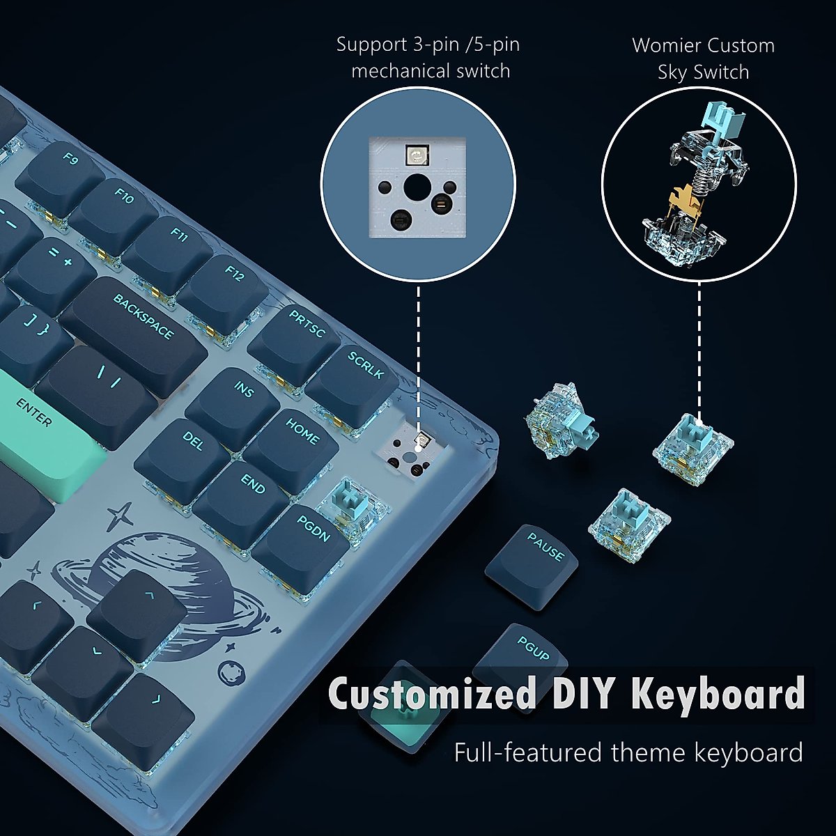 Womier K87 75% Keyboard, TKL Mechanical Keyboard, Hot Swappable Mechanical Gaming Keyboard, RGB 87 Keys Planet Theme Keyboard for Win/Mac/PC, Pro Driver/Software Supported (Linear Sky Switch)