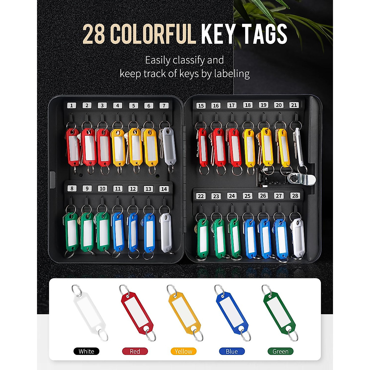 Uniclife 28-Key Steel Key Cabinet with Combination Lock Wall Mounted Key Organizer with Resettable Code Black Digital Security Box with Hooks and Large Key Tag Labels Identifiers in 5 Assorted Colors