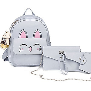 DIOMO Mini Backpack for Girls Cute Cat Small Purse, 4-PCS Casual Daypacks for Women Girls (Grey)