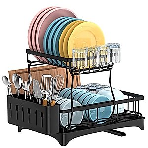 FUNNy elf Dish Drying Rack, 2-Tier Large Dish Racks for Kitchen Counter, Rust-Proof Dish Drainer with Drying Board , Stainless Steel Dish Rack with Removable Utensil Holder