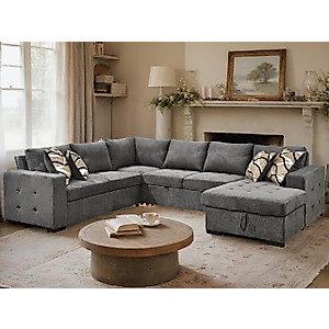 THSUPER Sectional Sleeper Sofa Bed with Storage Chaise, U Shape Oversized Sectional Couch with Pull Out Bed for Living Room, 6 Seater Dark Gray