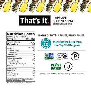 That's it. Apple + Pineapple 100% Natural Real Fruit Bar, Best High Fiber Vegan, Gluten Free Healthy Snack, Paleo for Children & Adults, Non GMO No Added Sugar, No Preservatives Energy Food (12 Pack)