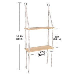 SNUGBLAKI Hanging Shelves for Wall Floating Shelves,Boho Macrame Hanging Shelves with Swing Rope,Farmhouse Rustic Wood Hanging Shelves,Rope Wall Display Shelves for Bedroom,Living Room, Bathroom