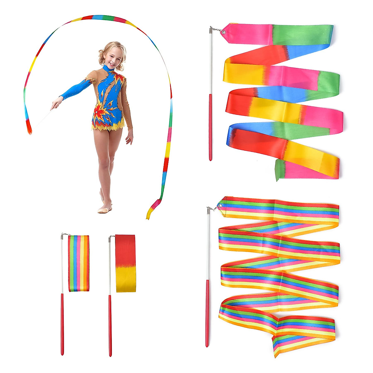 HUIANER Dance Ribbons Streamers Rhythmic Gymnastic Ribbon Wands Rods for Children Art Dances, Baton Twirling, 2 Pieces