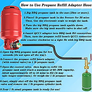 Upgraded Propane Refill Adapter Hose, 36" Propane Extension Refill Hose with Gauge, Shut off Valve, 1LB Propane Filling Hose Kit with 1 LB Propane Bottle Cap, Roll Sealing Tape (Rubber)