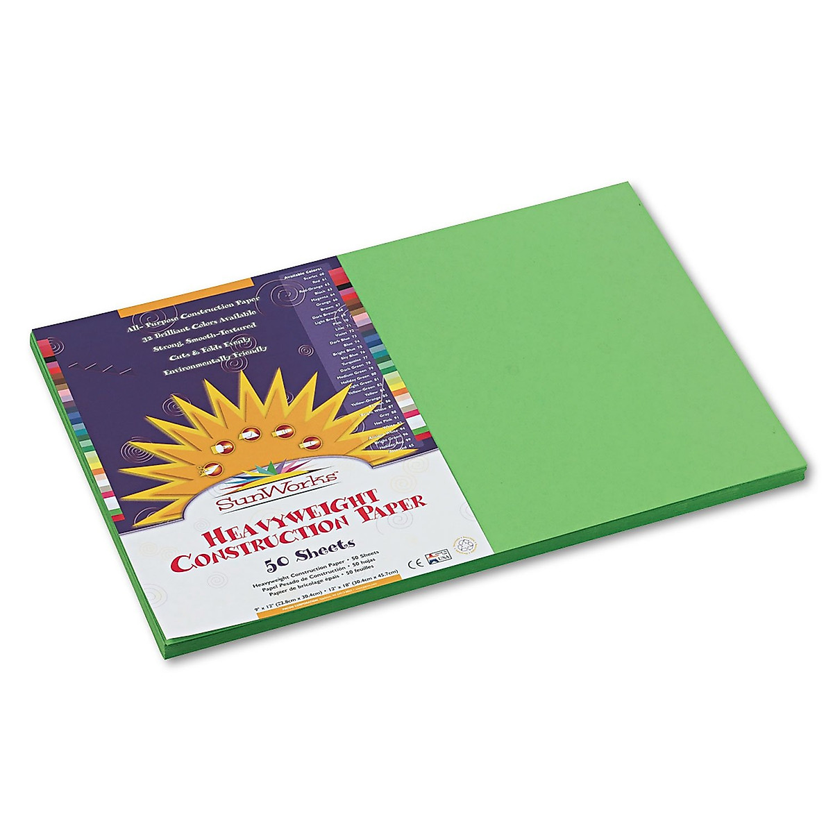 SunWorks Heavyweight Construction Paper, 12 x 18 Inches, Bright Green, Pack of 50