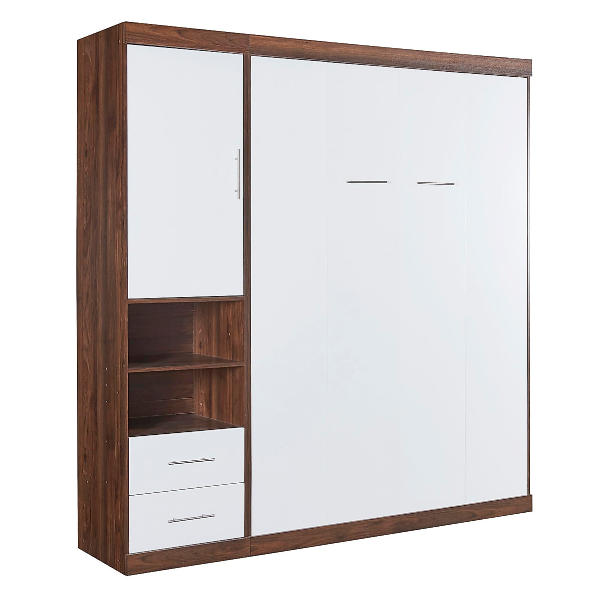 LZ LEISURE ZONE Full Size Murphy Bed, Wood Wall Bed Full Murphy Cabinet Bed with Drawers and Shelves, White+Wood