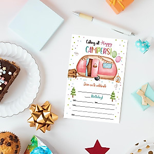 UDNADKEX Camping Birthday Invitations for Girls with Envelopes, Invites for Birthday Party Happy Camper, Glamping Camp Party Birthday Invitations Cards, Calling All Happy Campers, 4"x6" Set of 20