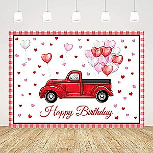 ABLIN 7x5ft Happy Birthday Backdrop for Women Red Car Heart Balloons Photography Background Birthday Party Decorations Vinyl Fabric Photo Shoot Props Cake Table Banner
