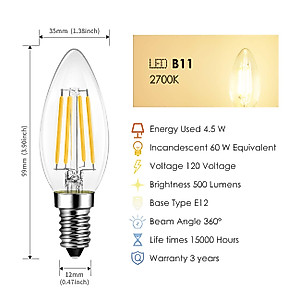 LVWIT B11 LED Edison Filament Bulb Dimmable 4.5W (60W Equivalent), E12 Candelabra Base 2700K Warm White Candle Light Bulb, UL-Listed (12 Pack)