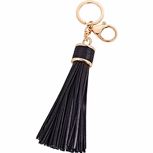 ZOONAI Women Leather Tassels Keychain Car Circle Key Rings Gift Bag Hanging Buckle (Black)