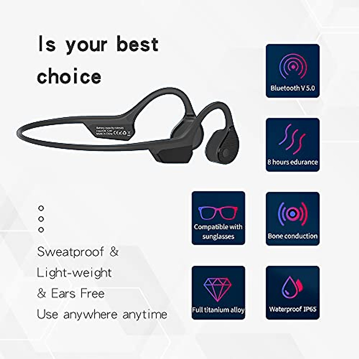 PREFIGHTCAT Wireless Bluetooth Bone Conduction Headphones Open-Ear Sweat Resistant Wireless Earphones for Workouts and Running