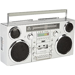 GPO Brooklyn 1980S-Style Portable Boombox - CD Player, Cassette Player, FM Radio, USB, Wireless Bluetooth Speaker - Silver