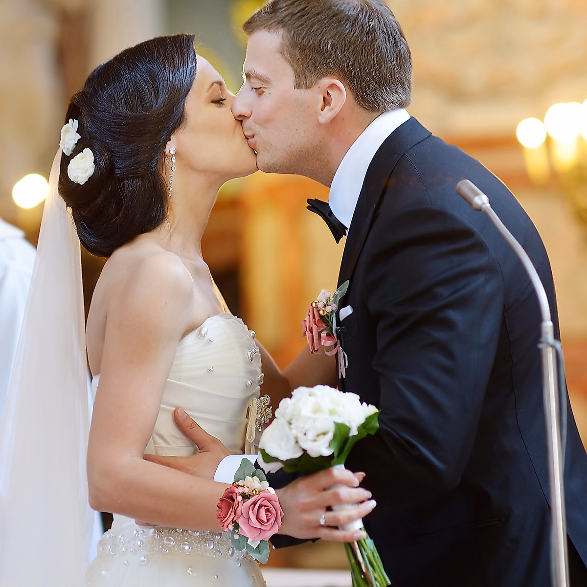 Ceenna Rose Flower Wrist Corsage Boutonniere Set Handmade Floral Wristlet Band Bracelet Bridegroom Men's Boutonniere Wedding Wristlet Hand Flower for Prom Party Bouquets, Dark Pink(Stylish, 48 Pcs)