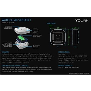 Smart Leak Sensor, YoLink 1/4 Mile World's Longest Range Wireless Smart Water Leak Sensor Compatible with Alexa and IFTTT Leak Detector with App Alerts and Remote Monitor, YoLink Hub Included