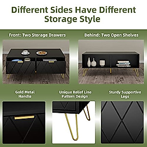Scurrty 39.4'' Coffee Table with Large Drawers & 2 Open Storage Shelves, Black Modern Coffee Tables with Gold Metal Handles for Living Room, Bedroom and Study (Black)