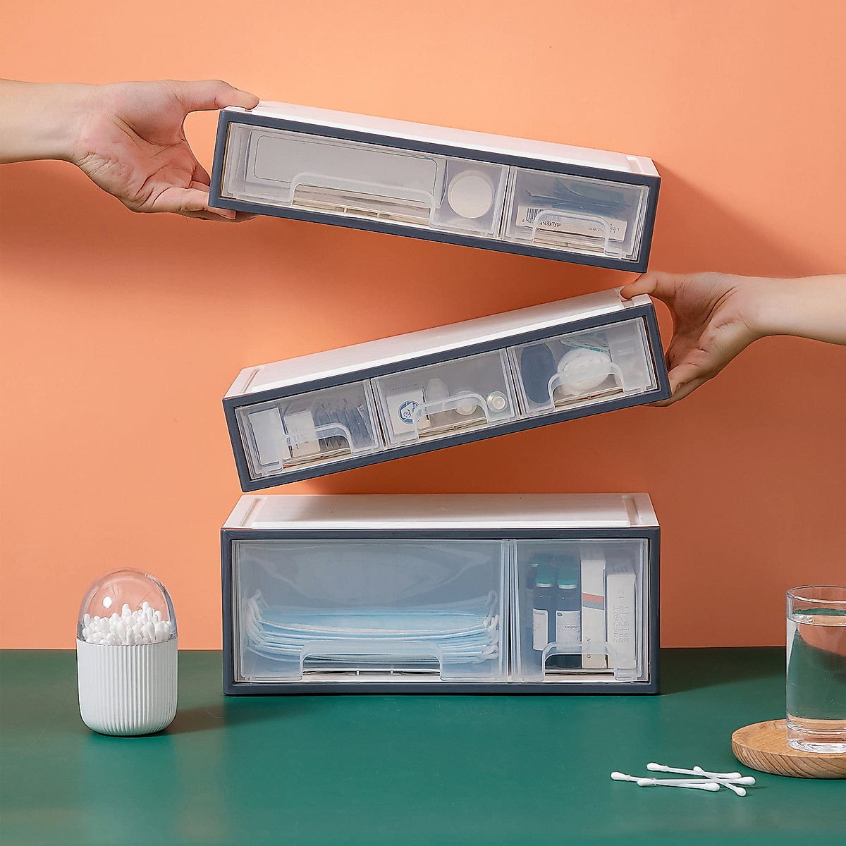 ROSELIFE Cosmetic Storage Box, Makeup Organizer, [TEAB] Drug Organizer Storage Box, Medicine Storage, Desktop Stationery Organizer, Kitchen Spices Organizer, 4 Pieces 8 Drawers, 5 Slots, Transparent