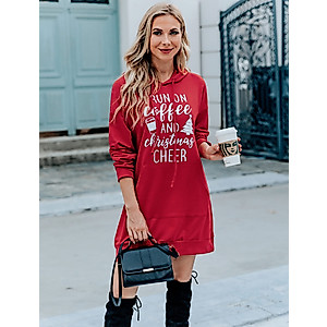 Quenteen I Run On Coffee and Christmas Cheer Sweatshirt Dress For Women Casual Loose Fitiing Hoodies Dress Red Small
