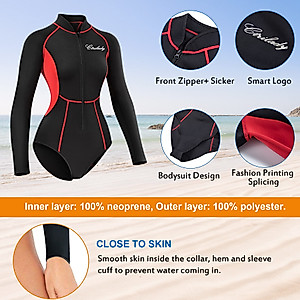 CtriLady Women Neoprene Wetsuit, Shorty Wetsuit for Women, 1.5mm Long Sleeve Diving Suits with Front Zipper UV Protection for Swimming Diving Snorkeling (Red,S)