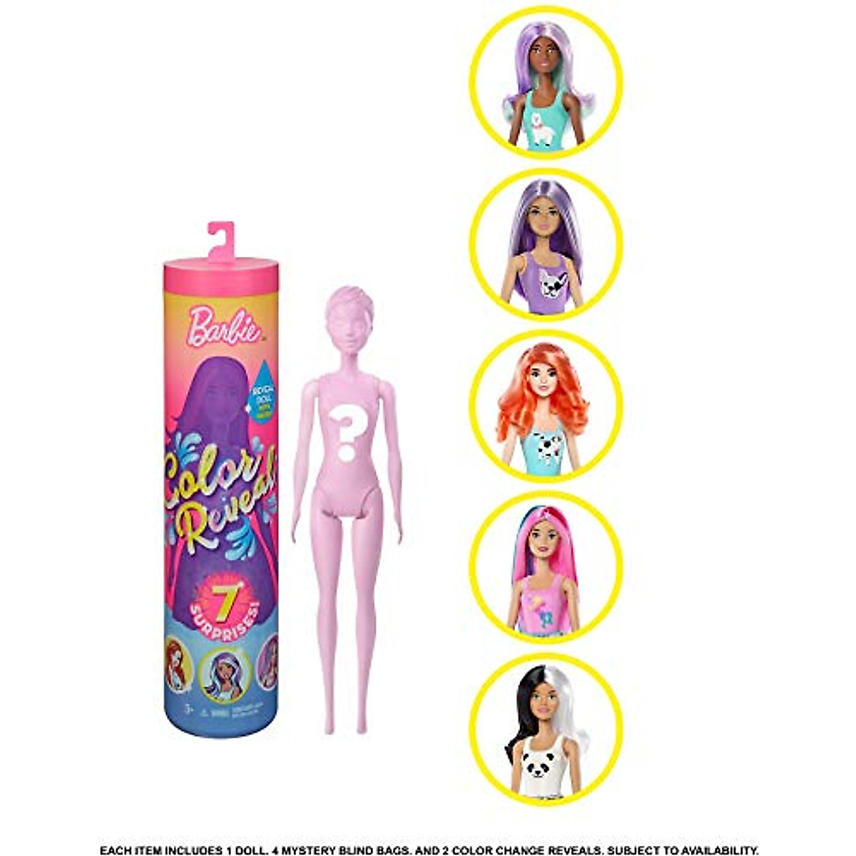 Barbie Color Reveal Doll with 7 Surprises: Water Reveals Doll’s Look & Creates Color Change on Face & Sculpted Hair; 4 Mystery Bags Contain Surprise Wig, Skirt, Shoes & Sponge; Animal-Themed