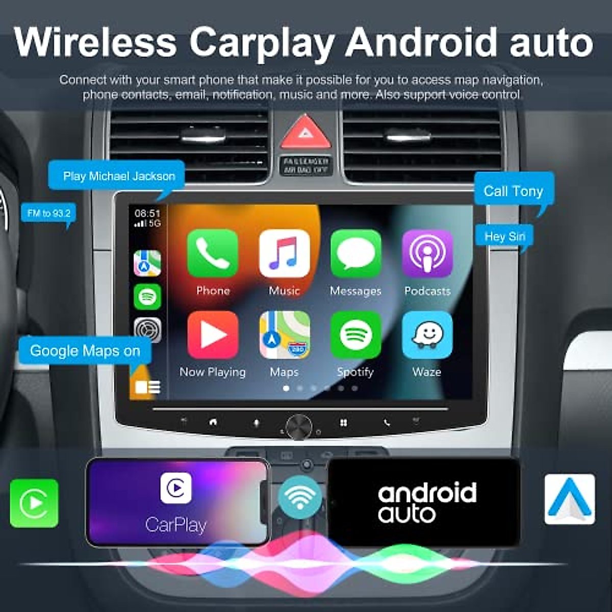 2G+32G Android 10 inch Single Din Car Stereo with Wireless Apple Carplay, Adjustable Touch Screen Bluetooth Car Radio Audio with GPS Navigation Android Auto WiFi USB FM HiFi + Backup Camera