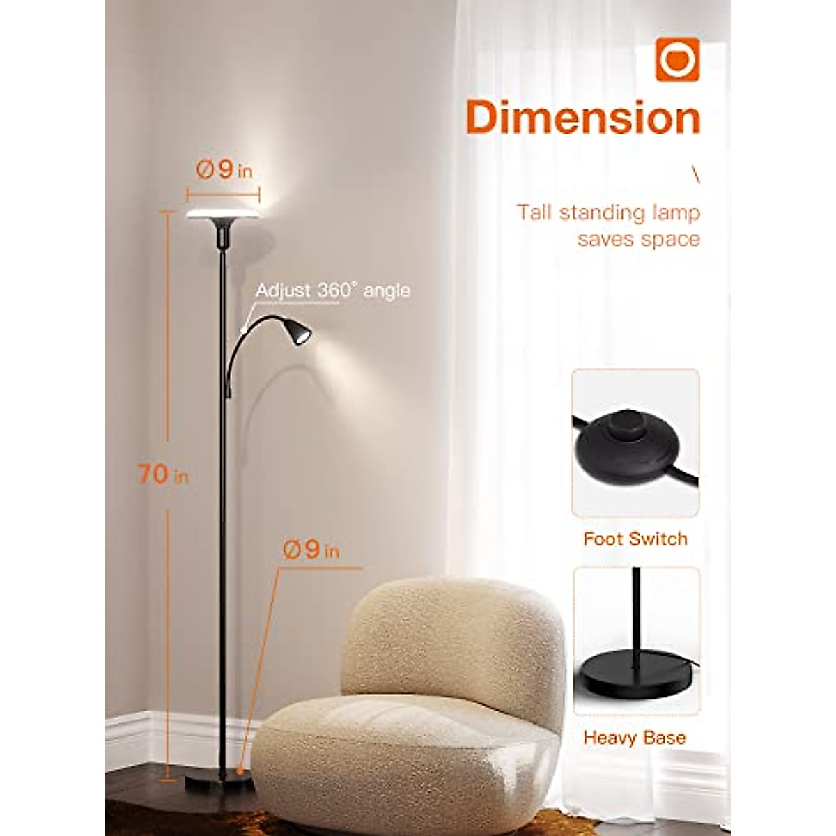 addlon Torchiere Floor lamp with Adjustable Reading lamp, with reomte Control, Standing lamp for Living Room, Bedroom and Office - Black