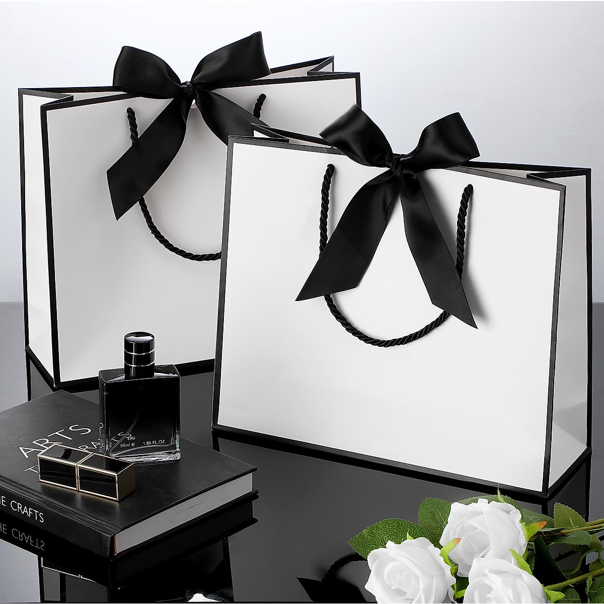 Silkfly 12 Pcs Thank You Gift Bags with Handles 11.8 x 10 x 4'' Paper Bag with Bow Ribbon Gift Wrap Bags for Wedding Bridesmaid Party Baby Shower Birthday Housewarming Gifts(White, Black)