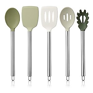 COOK WITH COLOR Silicone Cooking Utensils, Kitchen Utensil Set, Easy to Clean Silicone Kitchen Utensils, Cooking Utensils for Nonstick Cookware, Kitchen Gadgets Set, 5 Pieces, Green
