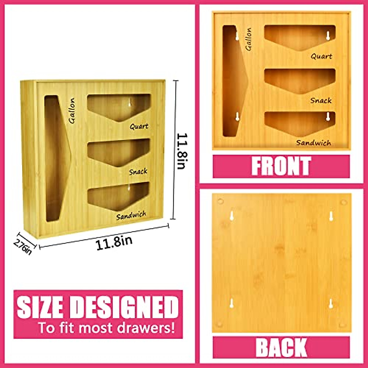 bamboo food sandwich ziplock bags storage organizers and storage drawers for drawer kitchen, gallon plastic gallon quart ziploc baggie holders dispenser…