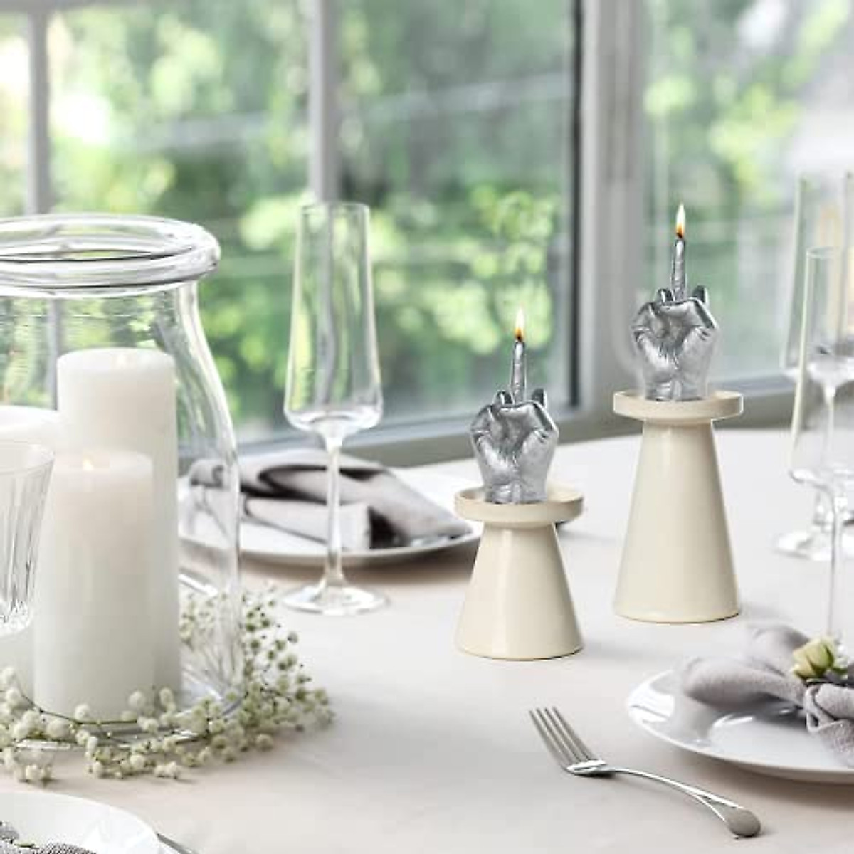 LPUSA 2 Pieces Middle Finger Candles Danish Pastel Room Aesthetic Aromatherapy Natural Soy Wax Decorative Candle for Bedroom Bathroom Wedding(Silver)