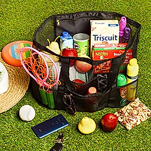 Mesh Beach Tote - Large Vacation & Travel Essentials Black Beach Bag, Foldable & Washable Lightweight Woven Summer Must Haves Swim Tote for Pool, Towels, Clothes, Food, Drinks, Necessities - 24x15x8.5