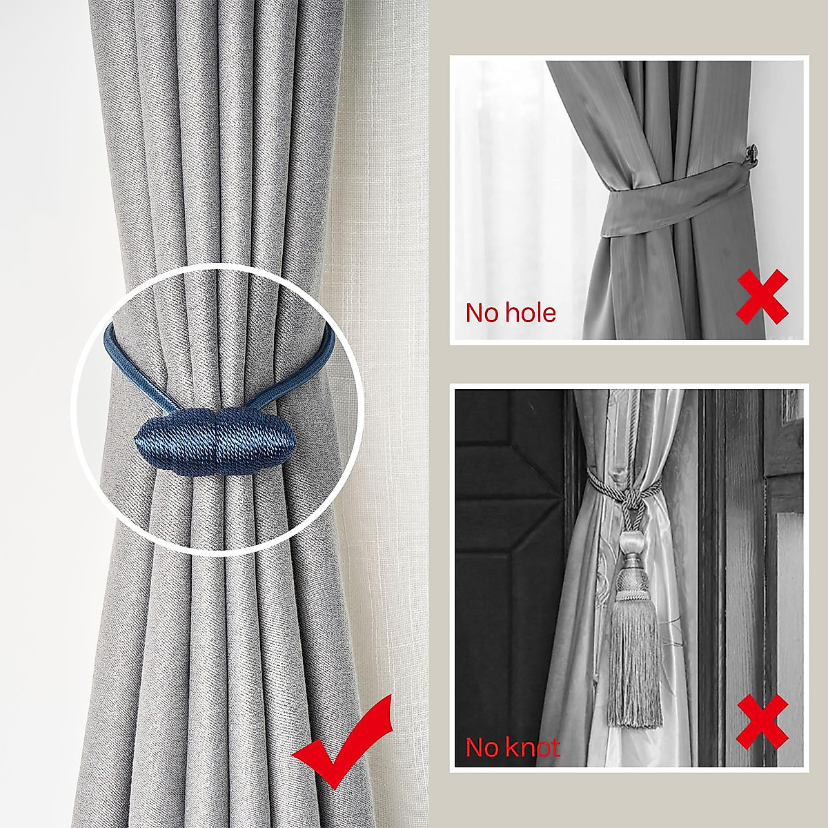 NICEEC 2 Pack Strong Magnetic Curtain Tiebacks 16 Inch Handmade Weave Rope Curtain Holdbacks 2023 Modern Elegant Decorative Curtain Drape Tie Backs for Home & Outdoor Window Drapery (Navy Blue)